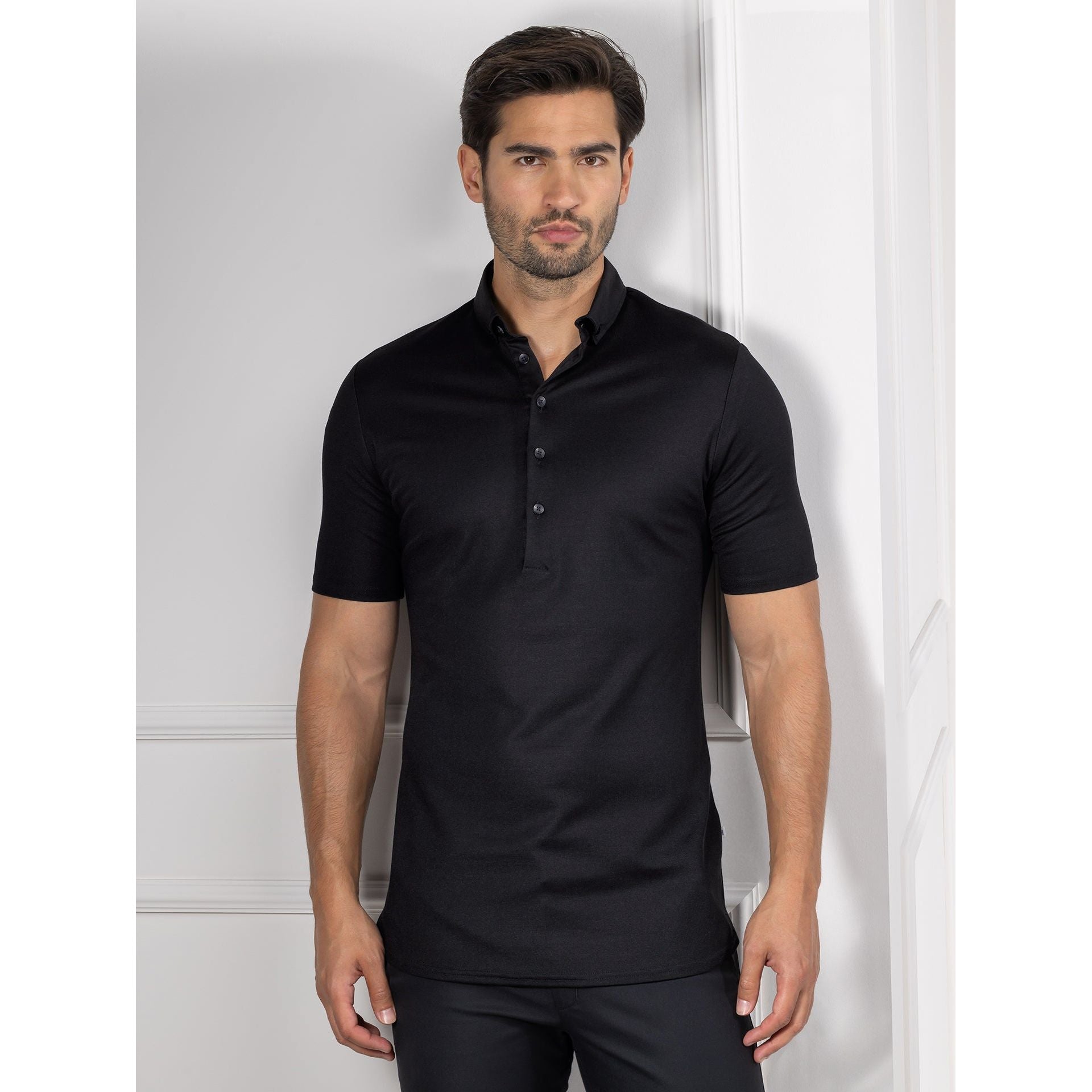 Matteo Black Men's Short Sleeve Polo | Woven Collar – UNITED UNIFORMS ...